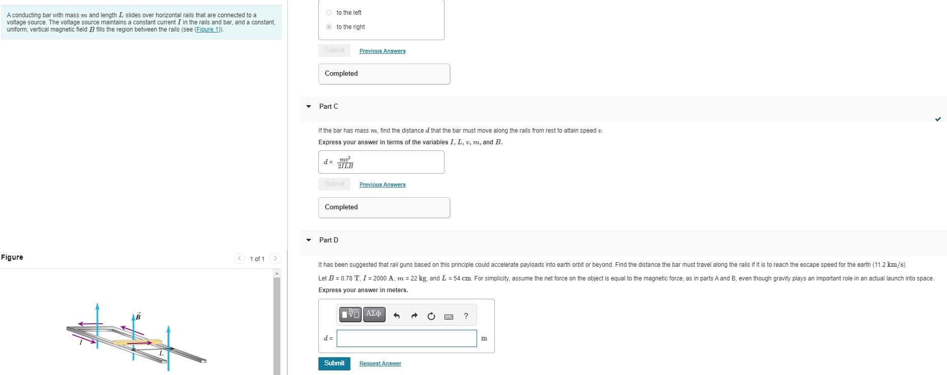 Solved A conducting bar with mass m ﻿and length L ﻿slides | Chegg.com