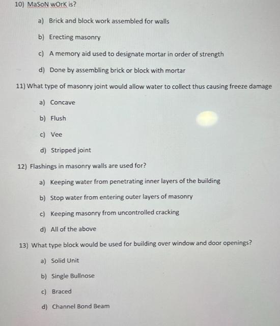Solved 10) MaSON work is? a) Brick and block work assembled | Chegg.com