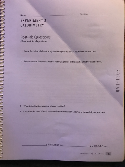 Solved /D EXPERIMENT 8: CALORIMETRY 0 Data and Calculations | Chegg.com