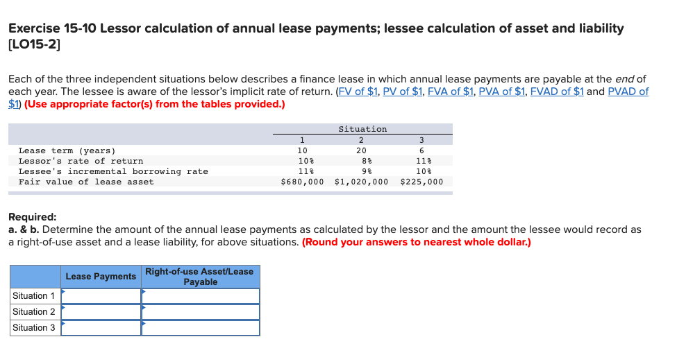 Exercise 15-10 Lessor calculation of annual lease | Chegg.com