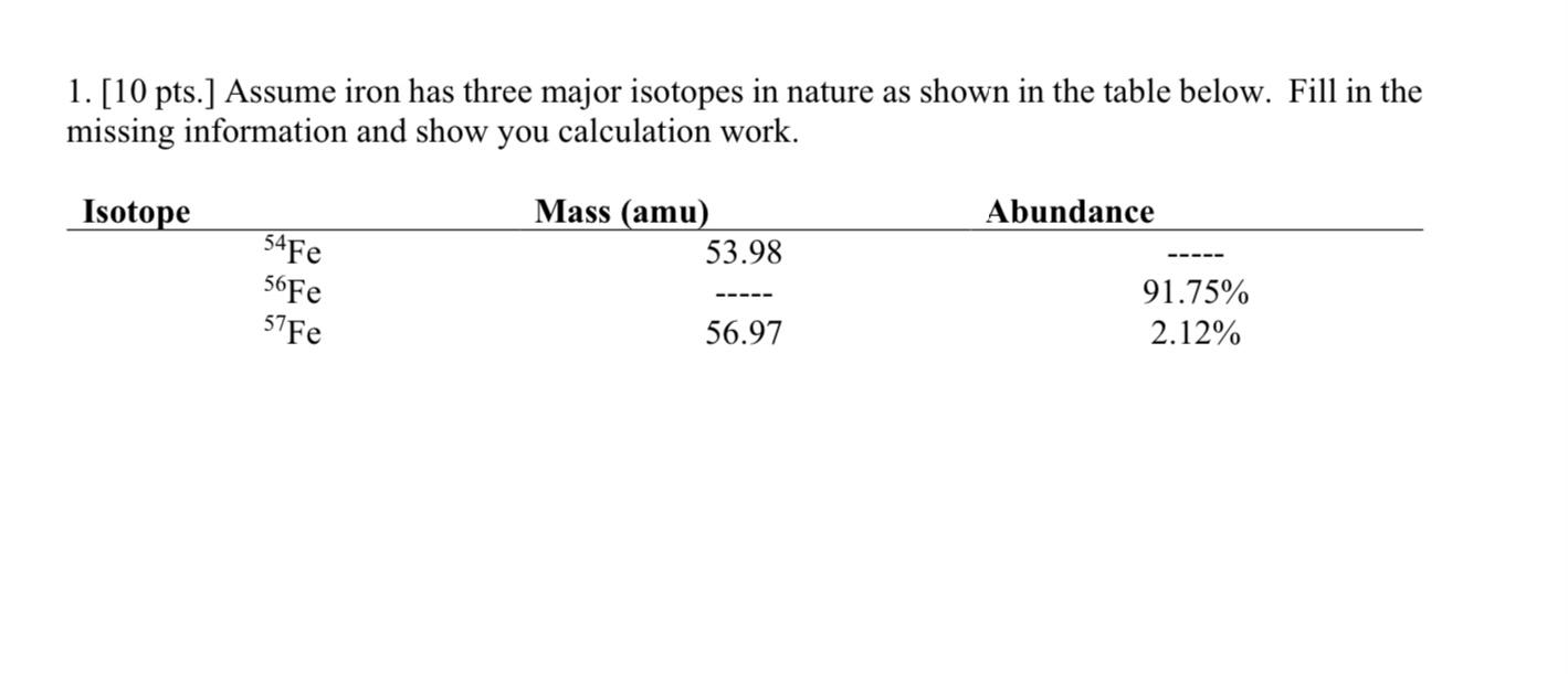 Solved 1. [10 pts.] Assume iron has three major isotopes in | Chegg.com