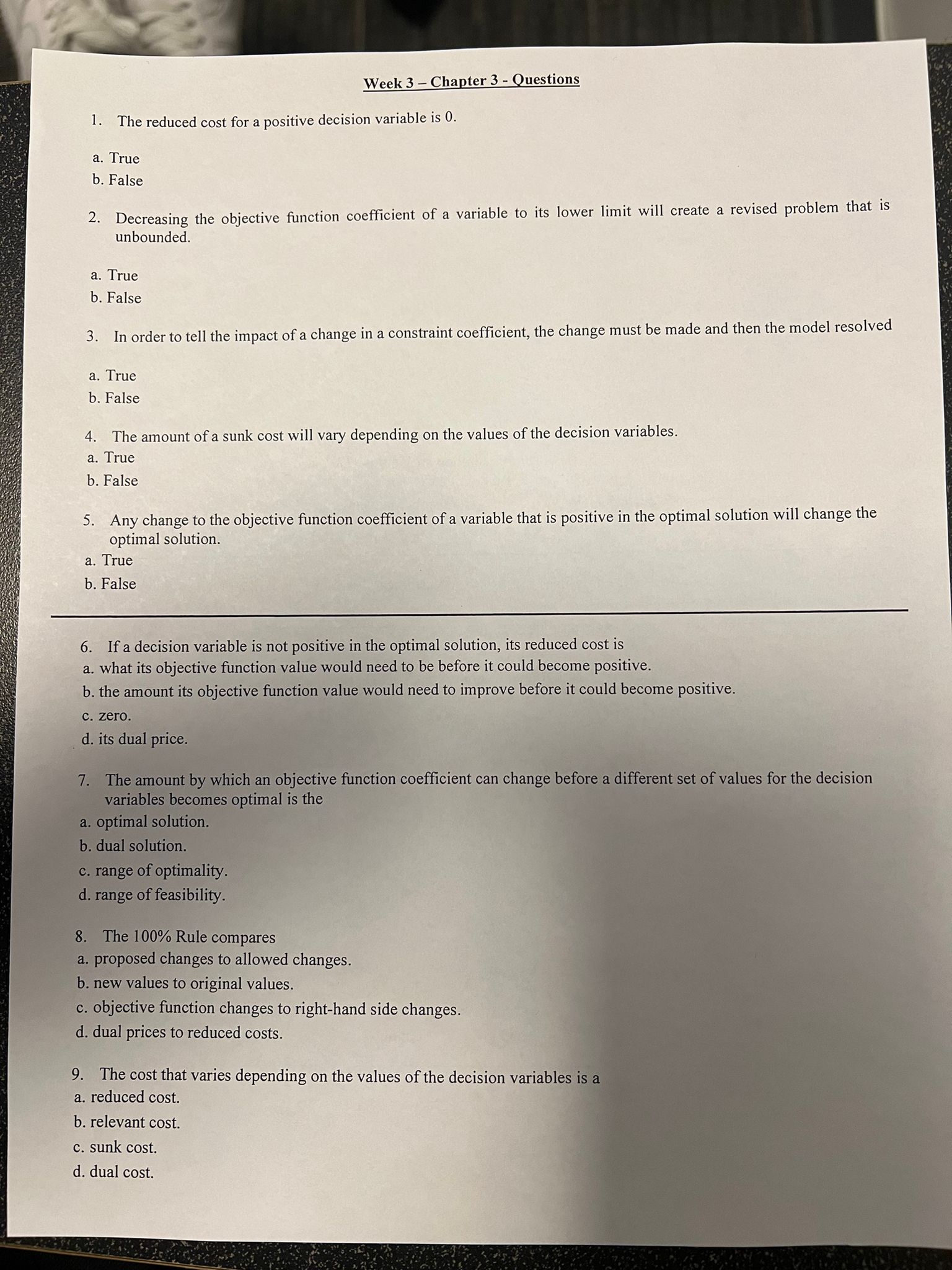 Solved Week 3-Chapter 3-QuestionsThe reduced cost for a | Chegg.com