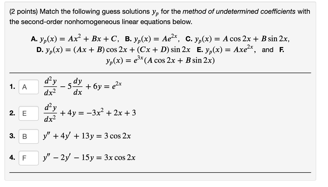 Solved (2 points) Match the following guess solutions yp for | Chegg.com
