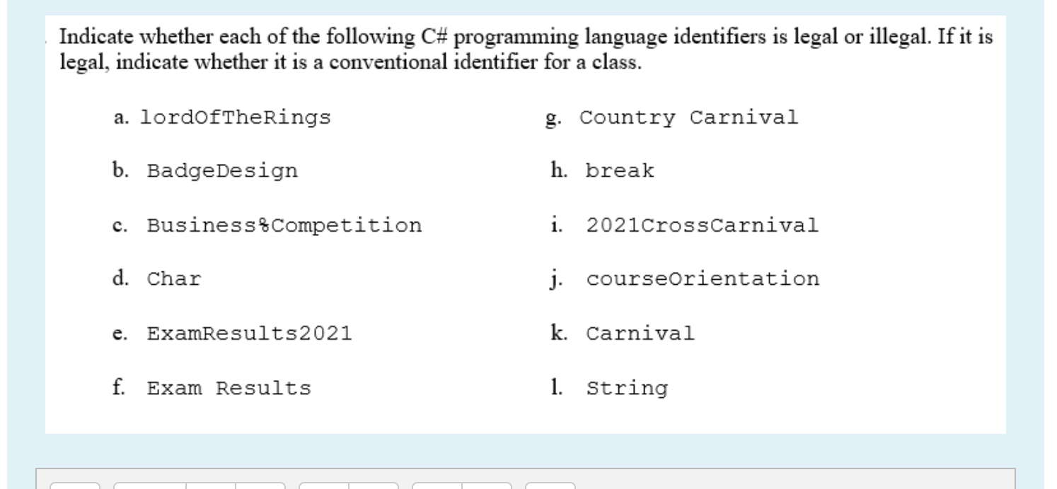Solved Indicate whether each of the following C# programming | Chegg.com