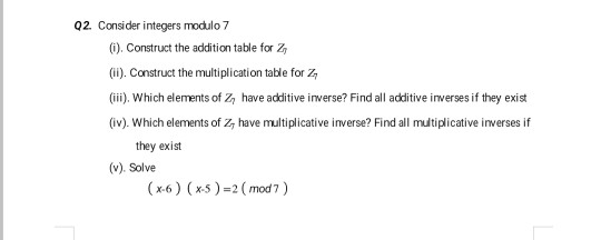 Solved 02 Consider integers modulo 7 i). Construct the | Chegg.com