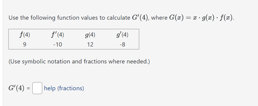 Solved Use the following function values to ﻿calculate | Chegg.com