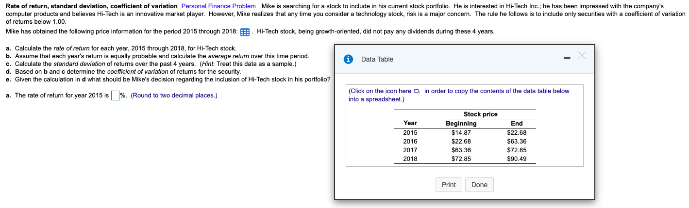 Solved Rate of return, standard deviation, coefficient of | Chegg.com