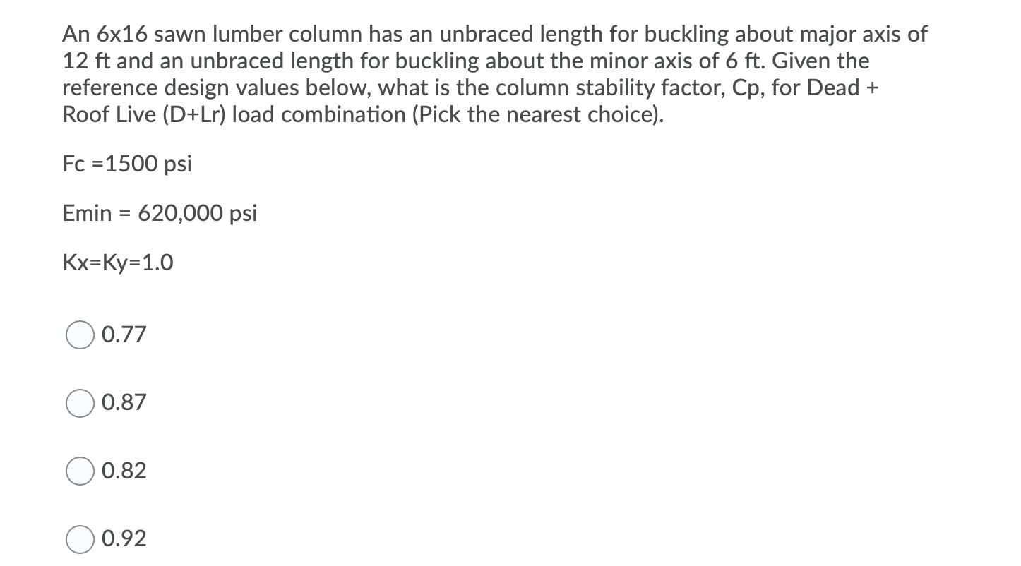 Solved An 6x16 sawn lumber column has an unbraced length for | Chegg.com