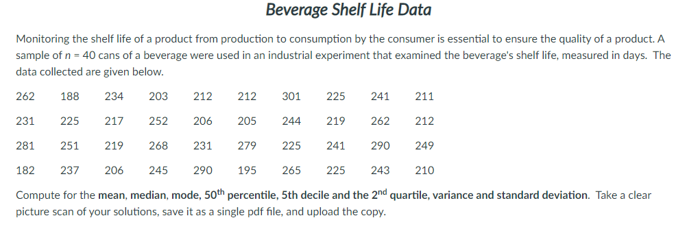 Solved Beverage Shelf Life Data Monitoring the shelf life of | Chegg.com