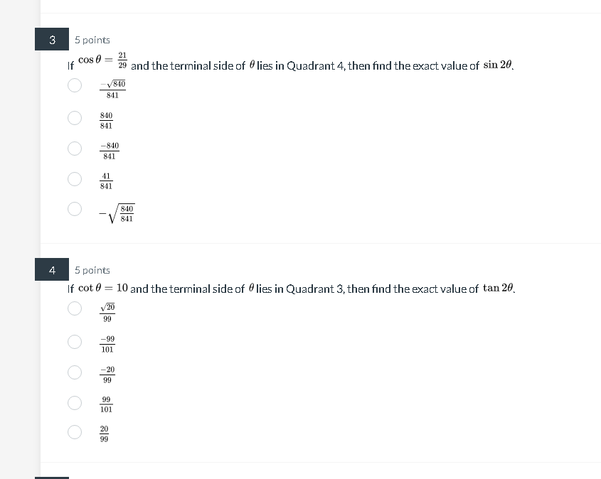 Solved 5 points If cosθ=2921 and the terminal side of θ lies | Chegg.com