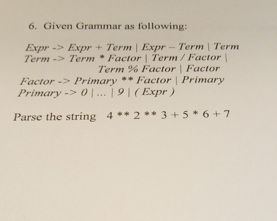 Solved 6. Given Grammar as following: Expr ->Expr + Term | | Chegg.com