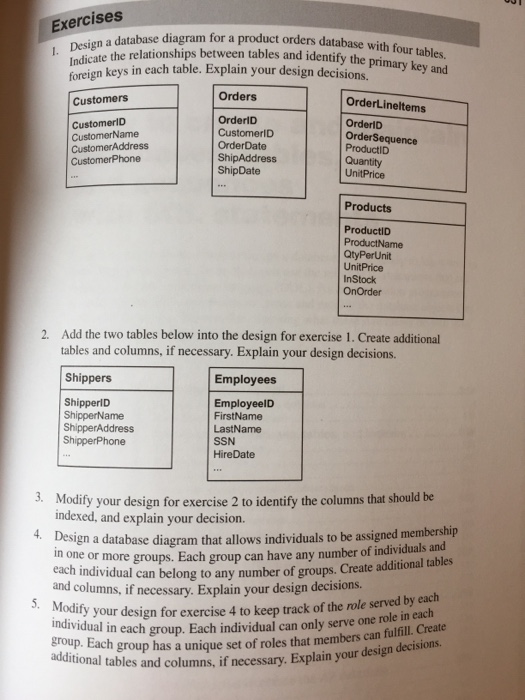 Solved Exercises n a database diagram for a product orders | Chegg.com