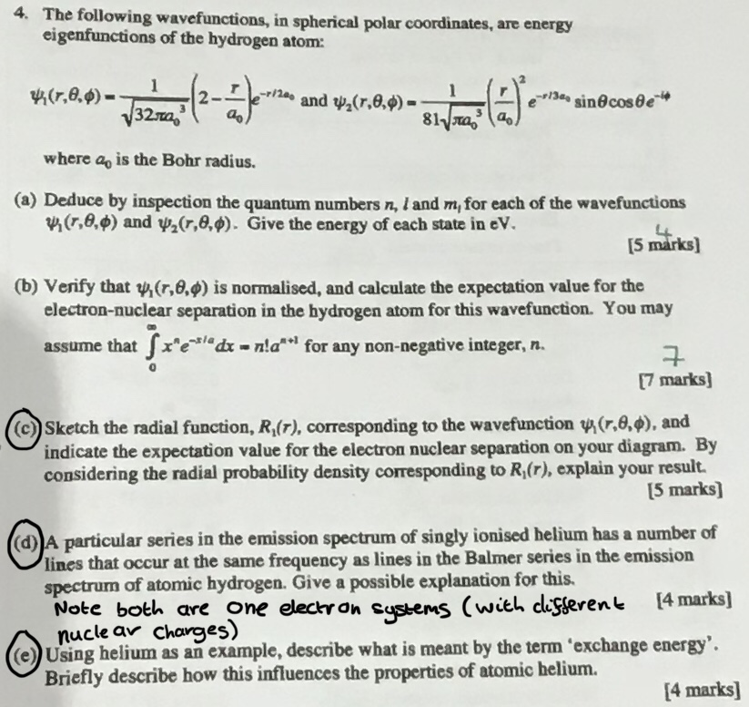 Solved 4 The following wavefunctions, in spherical polar | Chegg.com
