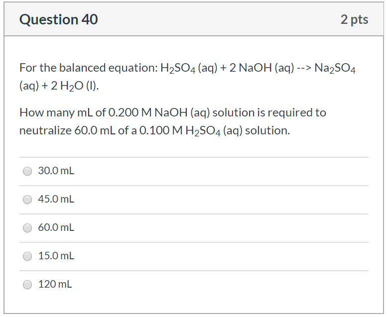 Solved For the balanced equation: H2SO4 (aq) + 2 NaOH (aq) | Chegg.com