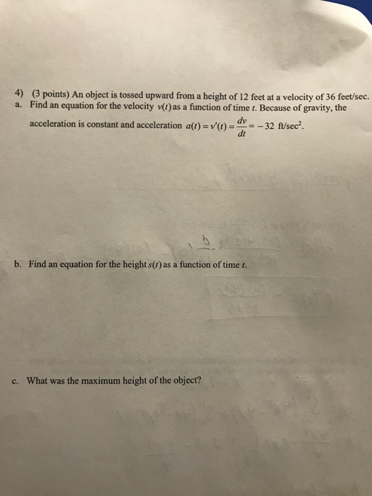 Solved 4) (3 points) An object is tossed upward from a | Chegg.com