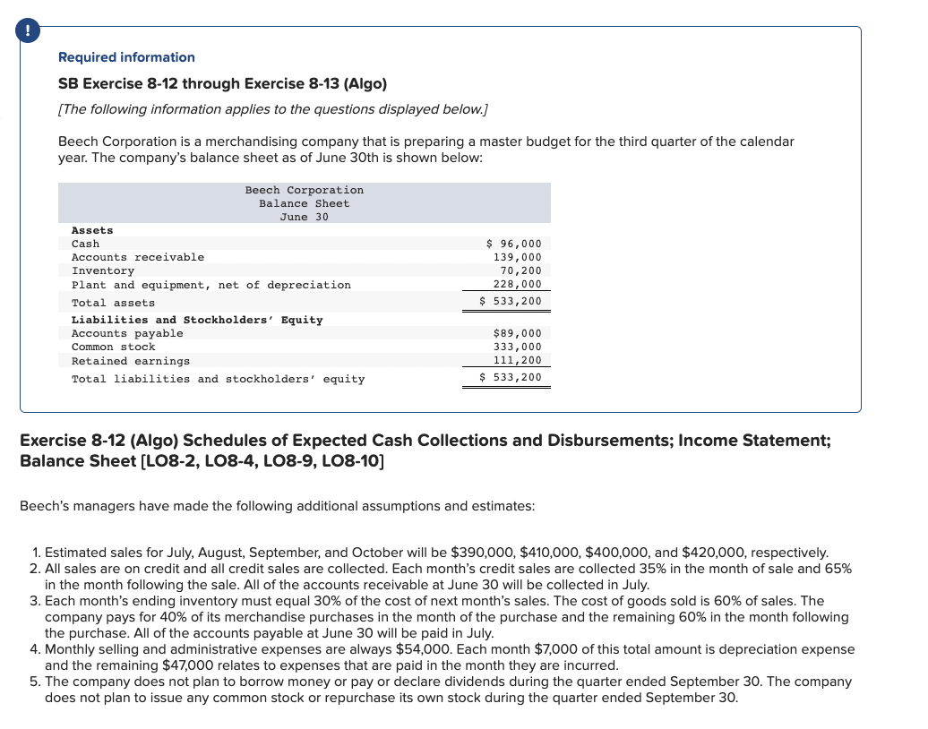 Solved Required information SB Exercise 8-12 through | Chegg.com