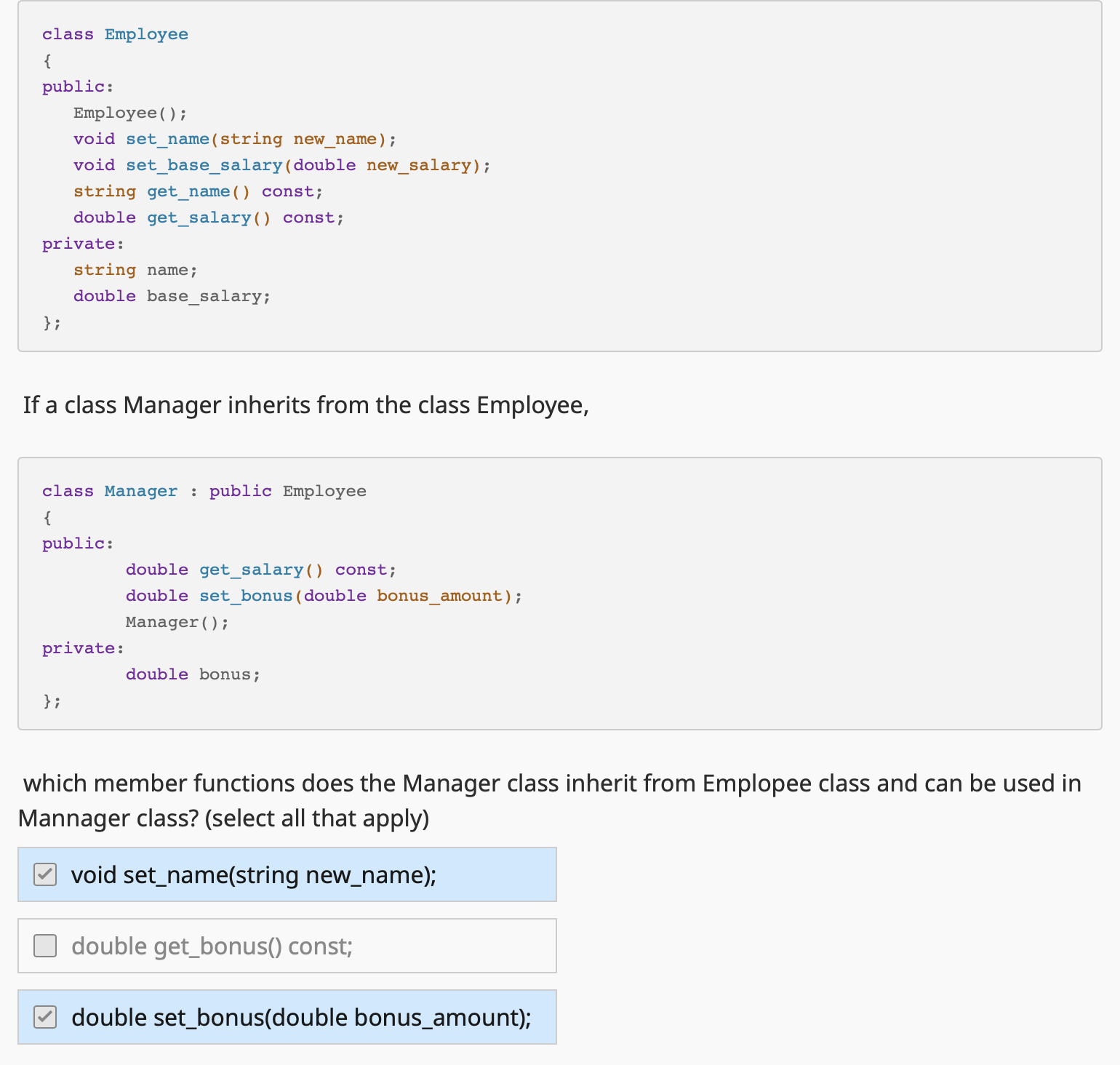 Solved class Employee \{ public: Employee (); void | Chegg.com