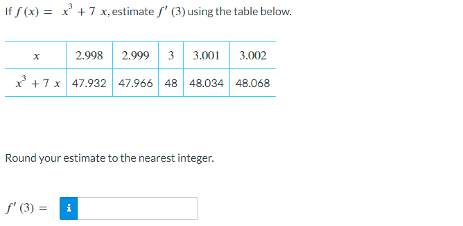 Solved If f(x)=x3+7x, estimate f′(3) using the table below. | Chegg.com