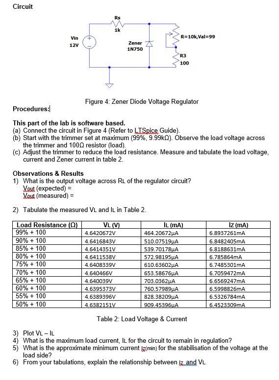 Solved Circuit Rs 1k R=10k,Val=99 Vin 12V Zener 1N750 R3 100 | Chegg.com