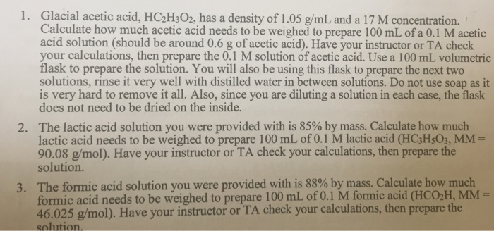 Solved 1. Glacial acetic acid, HC2H302, has a density of | Chegg.com