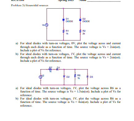 Solved Problem 3) Sinusoidal sources a) For ideal diodes | Chegg.com