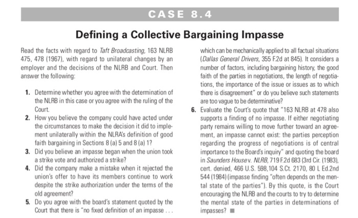 Solved CASE 8.4 Defining a Collective Bargaining Impasse | Chegg.com