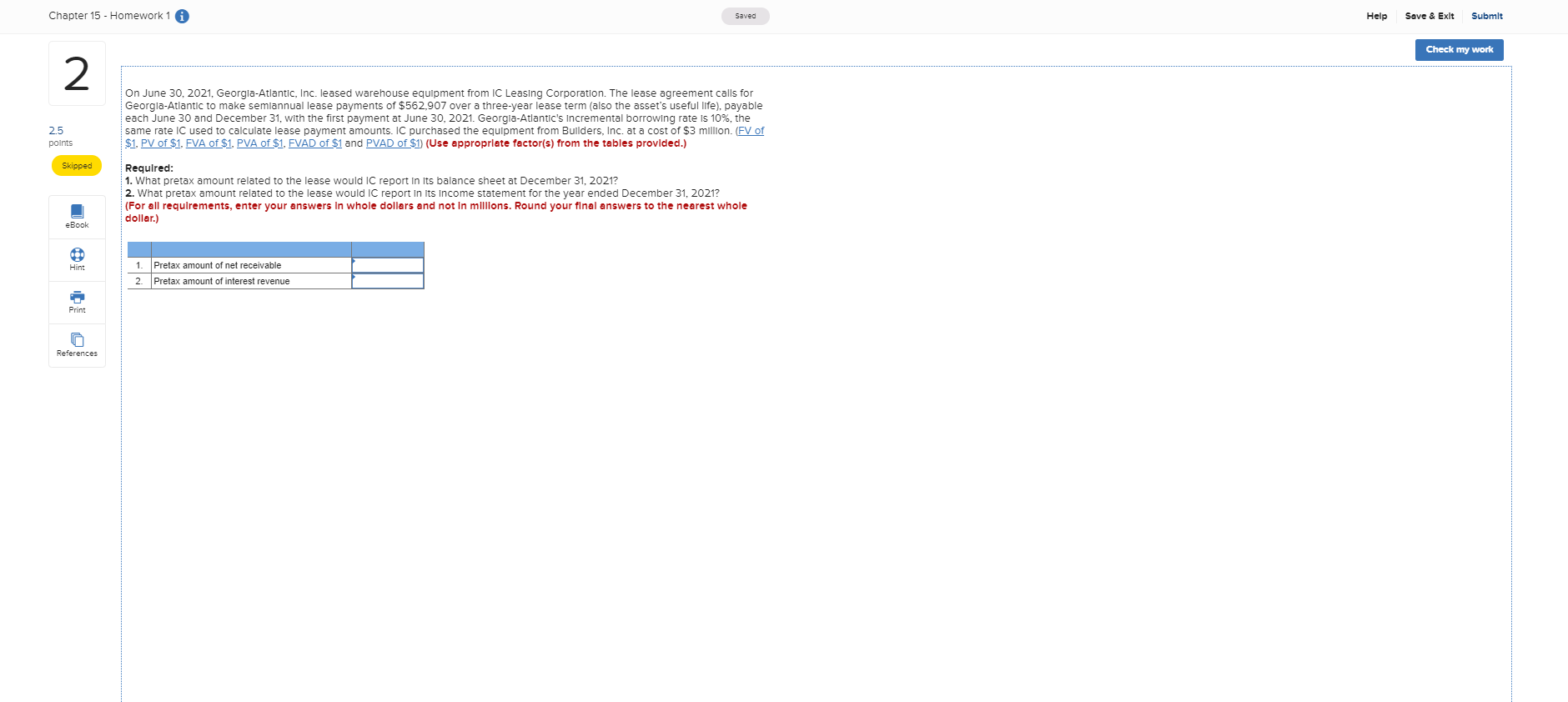 Solved Chapter 15 Homework 1 Submit Help Save & Exlt Saved | Chegg.com
