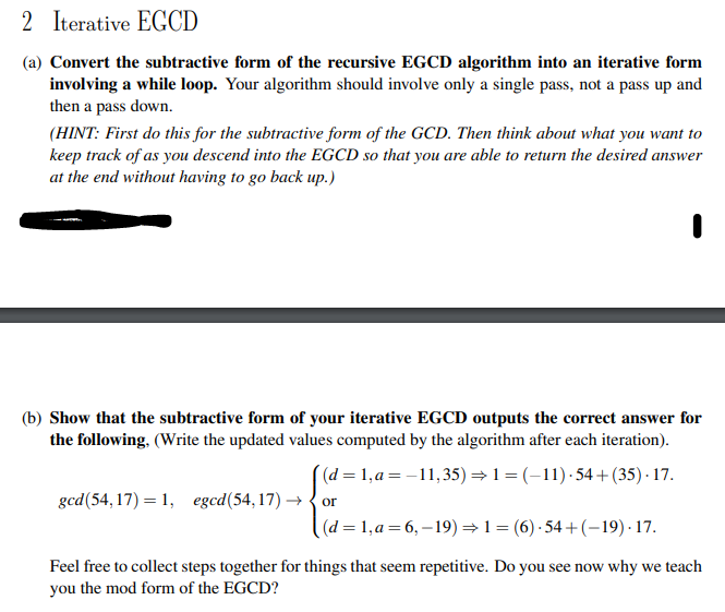 2 Iterative EGCD (a) Convert the subtractive form of | Chegg.com