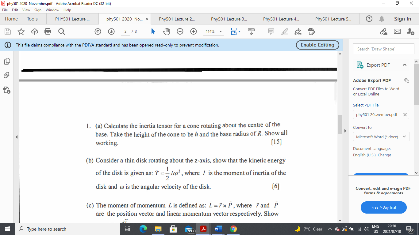 Solved - x phy501 2020 November.pdf - Adobe Acrobat Reader | Chegg.com