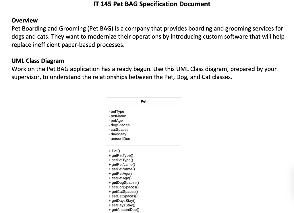 Refer back to the Pet BAG Specification Document | Chegg.com