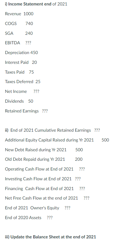 i) Income Statement end of 2021 Revenue 1000 COGS | Chegg.com