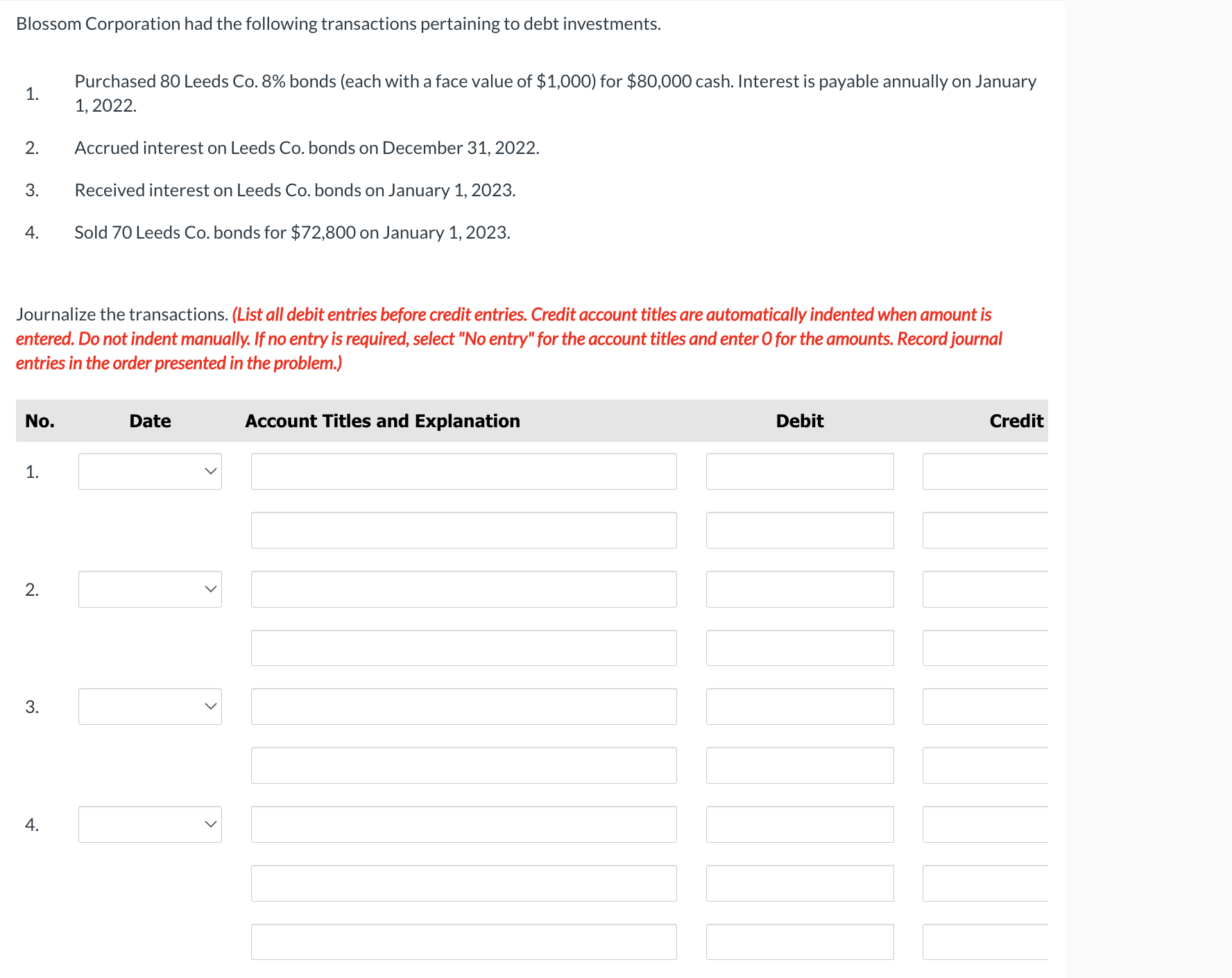 Solved Blossom Corporation had the following transactions | Chegg.com