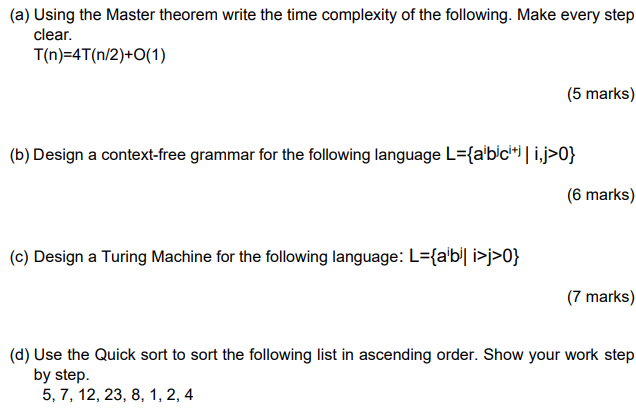 Solved (a) Using the Master theorem write the time | Chegg.com