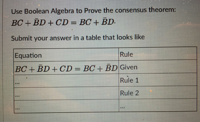 Solved Use Boolean Algebra to Prove the consensus theorem: | Chegg.com