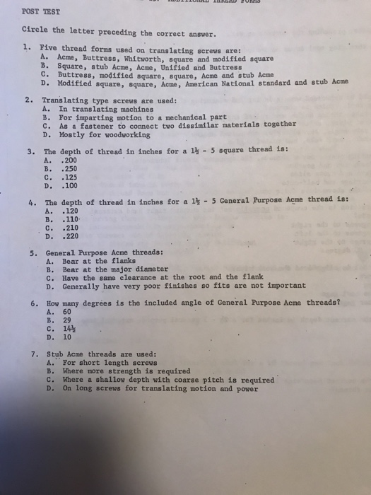 Solved POST TEST Circle the letter preceding the correct | Chegg.com