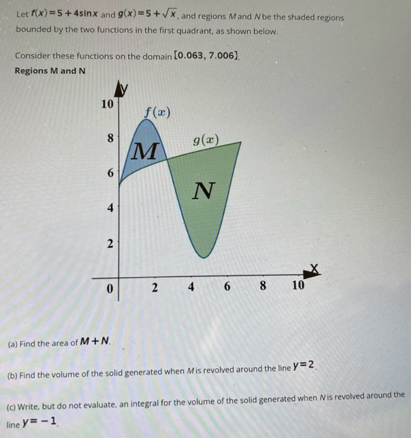 Solved Let f(x)=5+4sinx and g(x)=5+x, and regions M and N be | Chegg.com