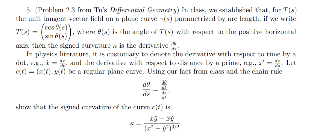 Solved 5. (Problem 2.3 from Tu's Differential Geometry) In | Chegg.com