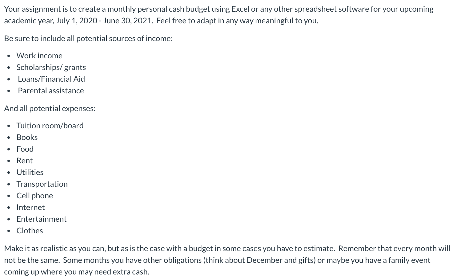 Solved Your Assignment Is To Create A Monthly Personal Cash Chegg