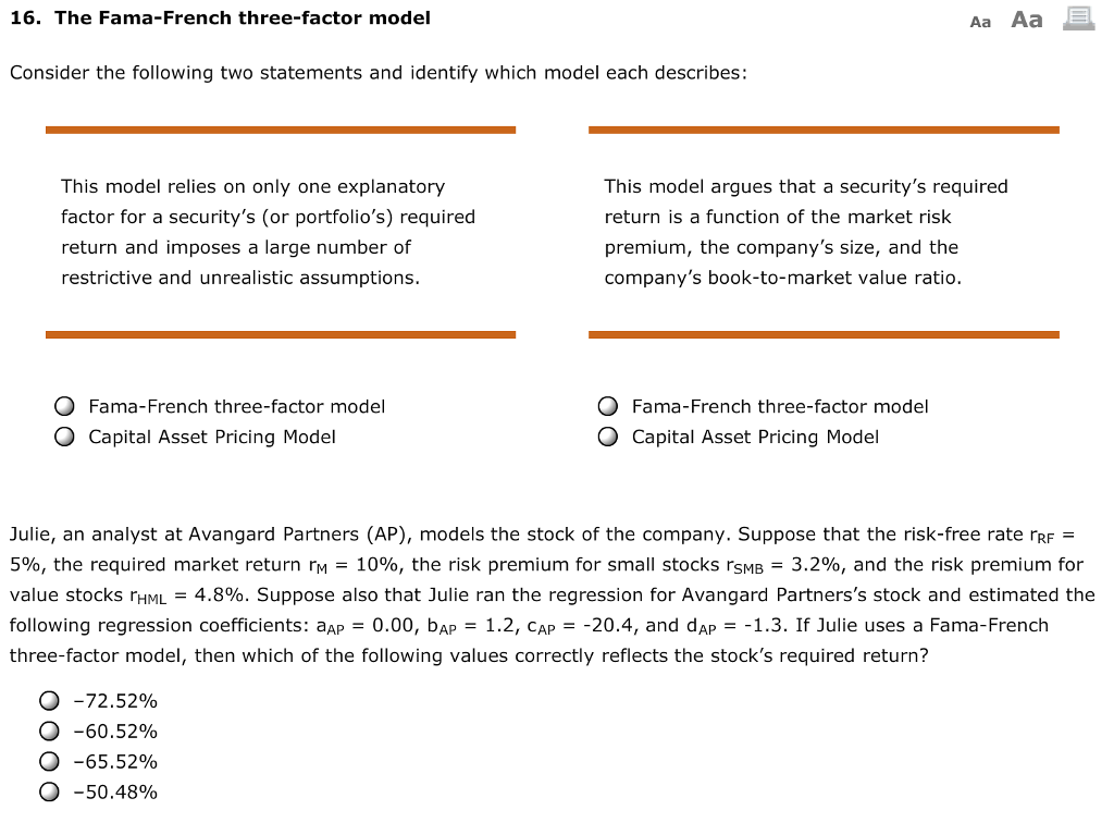 Solved 16. The Fama-French three-factor model Aa Aa Consider | Chegg.com