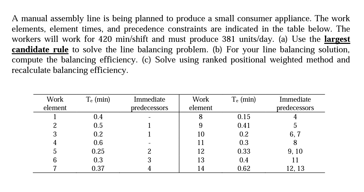 Solved A manual assembly line is being planned to produce a | Chegg.com