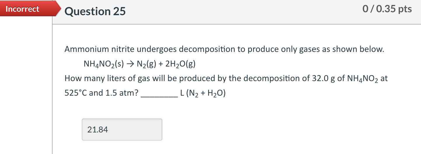 Solved Incorrect Question 25 0/0.35 pts Ammonium nitrite | Chegg.com