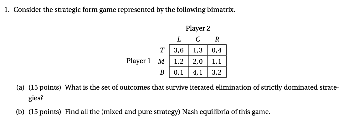 Solved 1. Consider the strategic form game represented by | Chegg.com