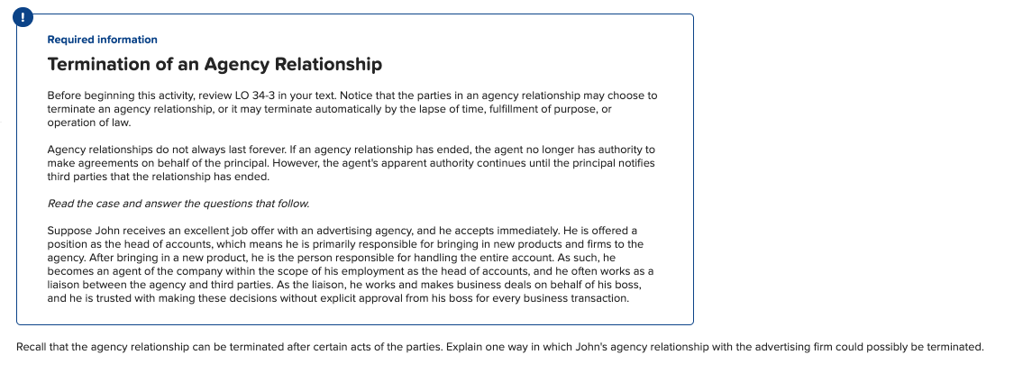 Solved Required information Termination of an Agency | Chegg.com