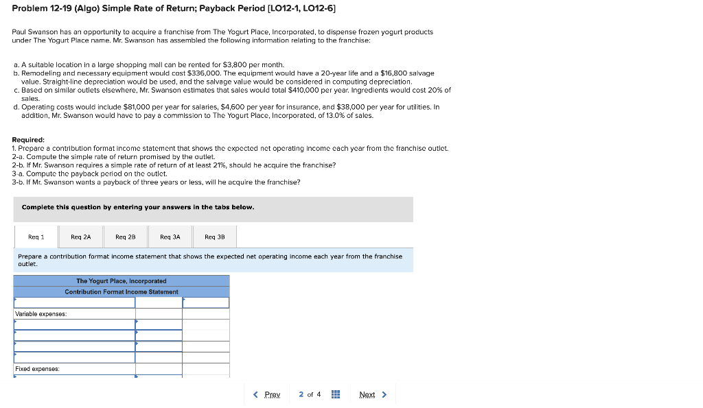 Solved Problem 12-19 (Algo) Simple Rate of Return; Payback | Chegg.com