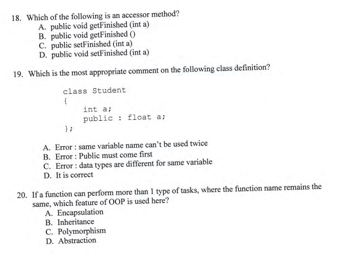 Solved 18. Which of the following is an accessor method? A. | Chegg.com