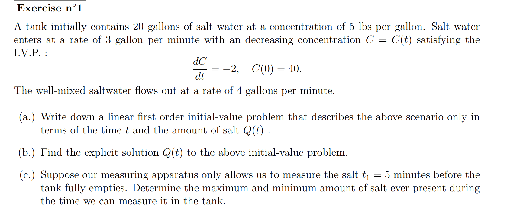 Solved A tank initially contains 20 gallons of salt water at | Chegg.com