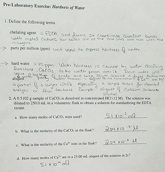 Solved Pre-Laboratory Exercise: Hardness of Water 1. Define | Chegg.com