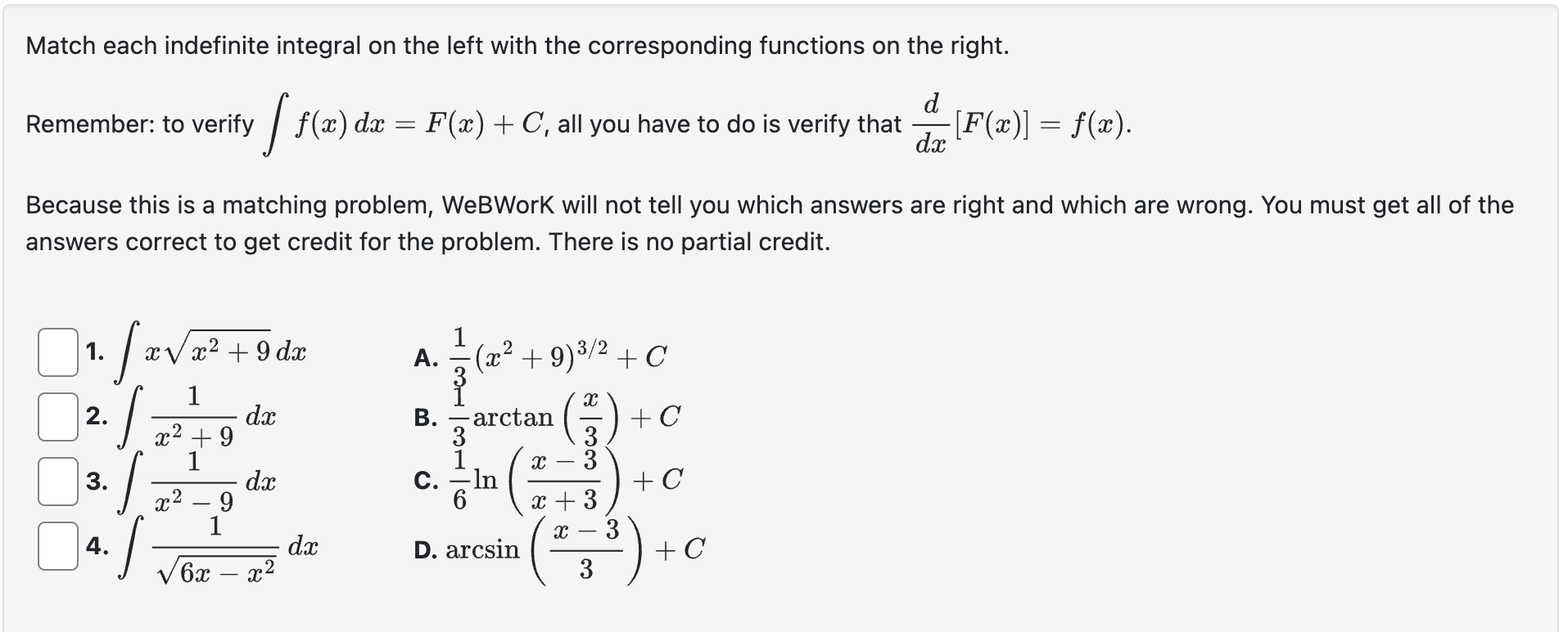 Solved Match each indefinite integral on the left with the | Chegg.com