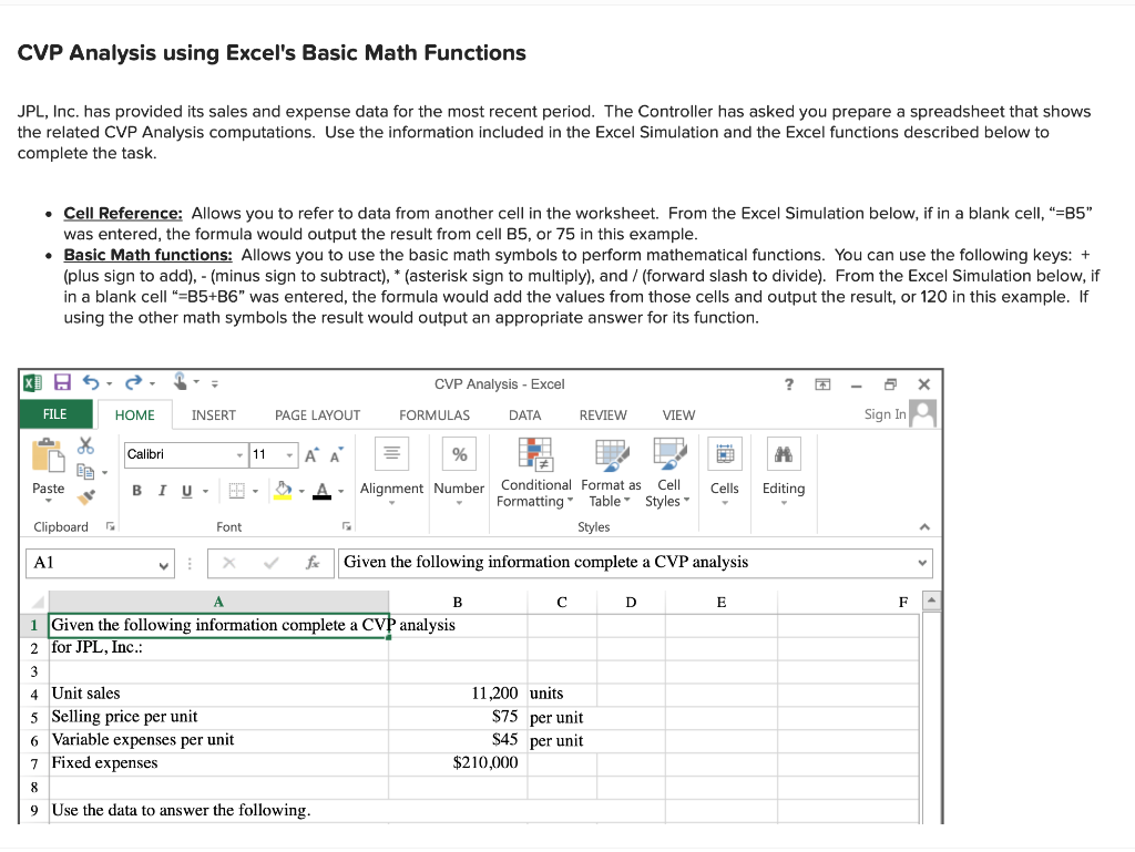 Solved Cvp Analysis Using Excels Basic Math Functions Jpl 