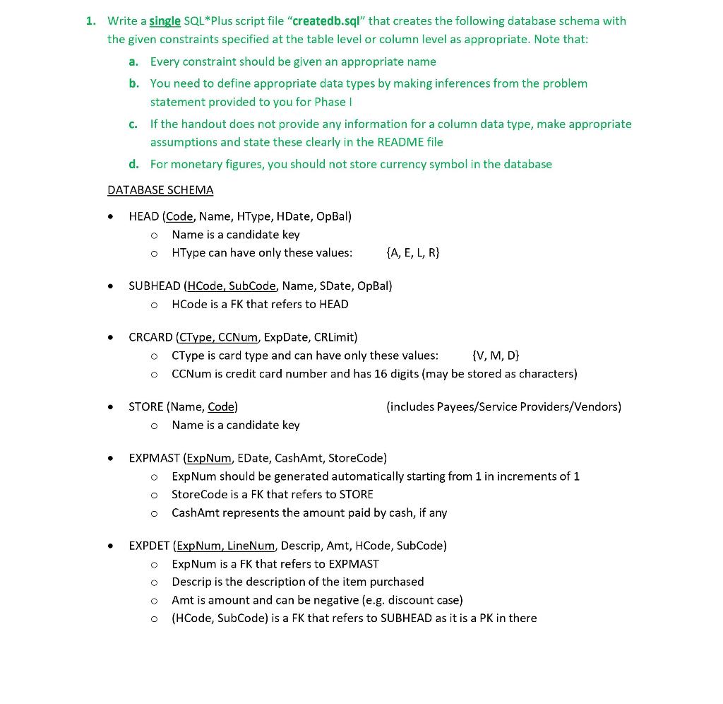 Solved 1. Write a single SQL*Plus script file "createdb.sql" | Chegg.com